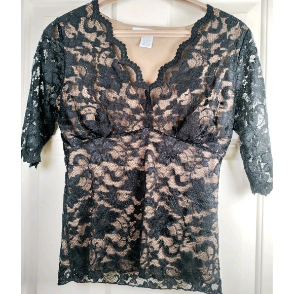 CAbi | Tops | Cabi Black Lace Vneck Top Nude Lining Sheer Floral ...